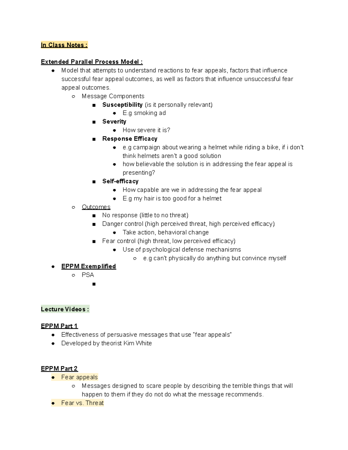 CMN101Y Module 8+9 Week 6 - In Class Notes : Extended Parallel Process ...