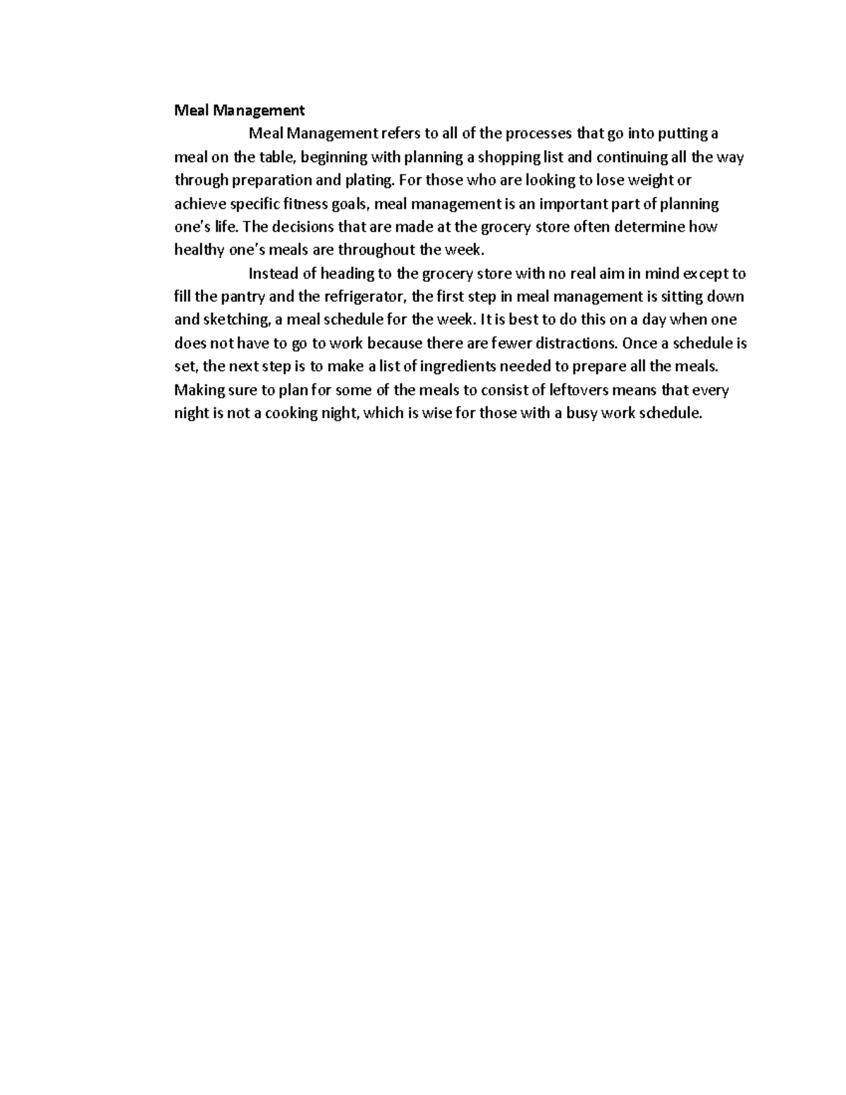Meal Management - Meal Management Meal Management refers to all of the ...