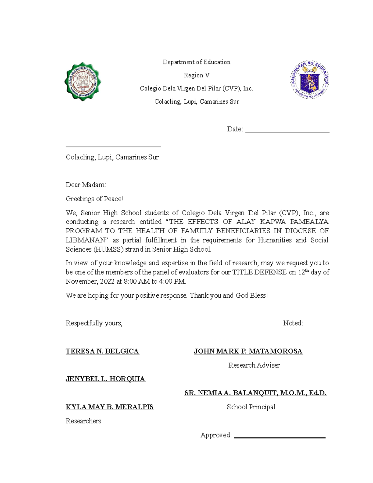 Request Letter FOR THE Panel - Department of Education Region V Colegio ...