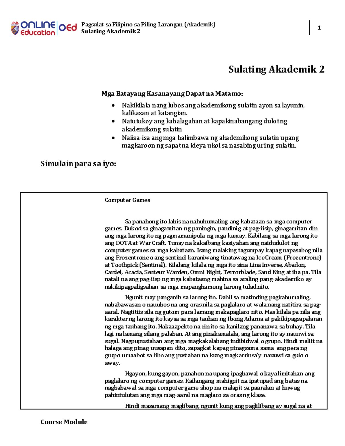 WEEK 002 Sulating Akademik 2 - Pagsulat sa Filipino sa Piling Larangan ...