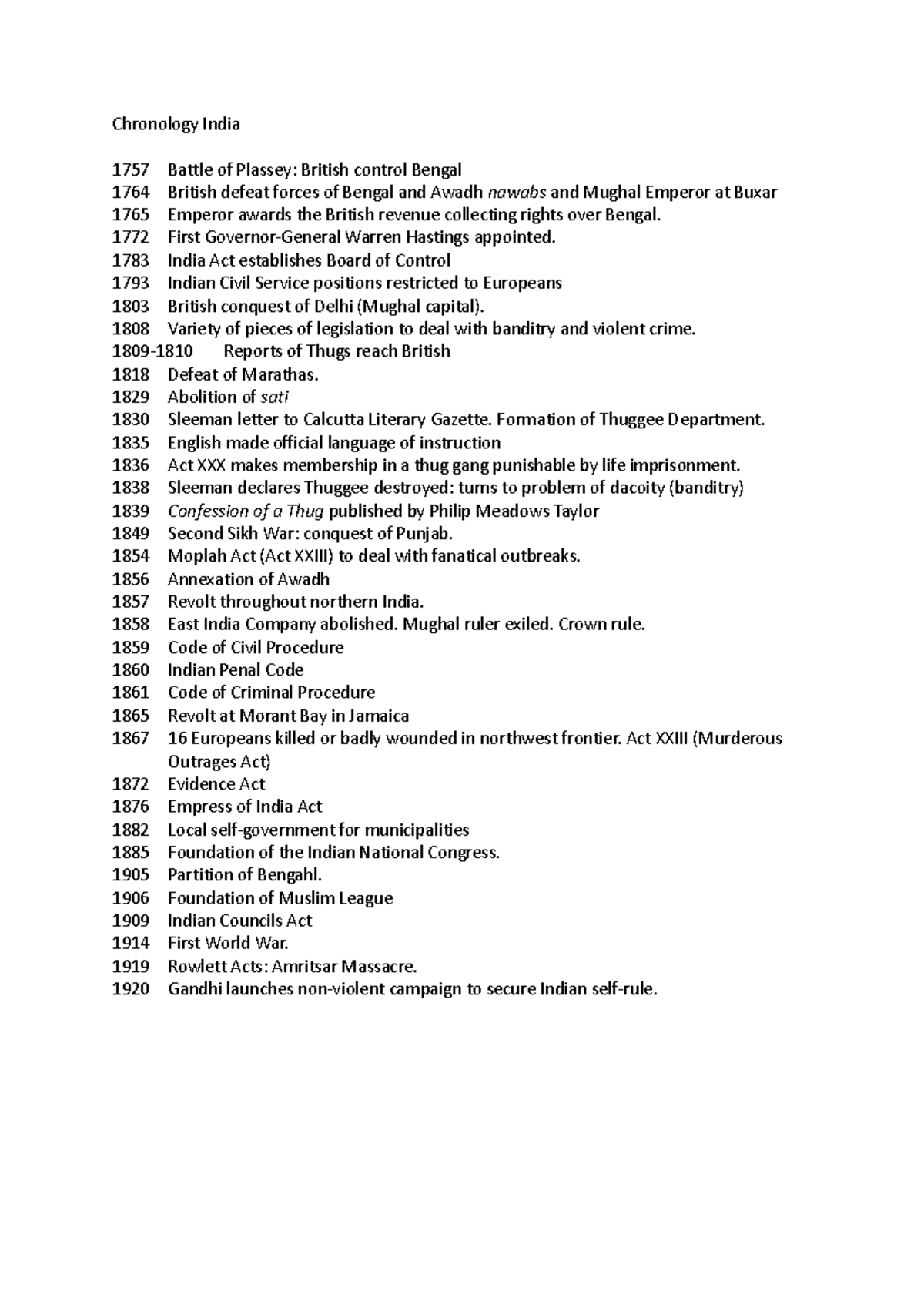 India Chronology - Chronology India 1757 Battle of Plassey: British ...