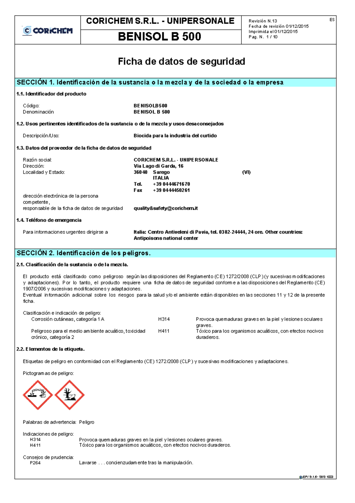 Hoja tecnica y ficha de seguridad Benisol B 500 - CORICHEM S.R ...
