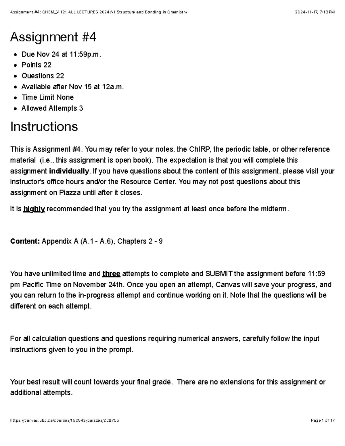 Chem 121 answers Assignment #4: CHEM V 121 ALL Lectures 2024W1 Structure and Bonding in ...