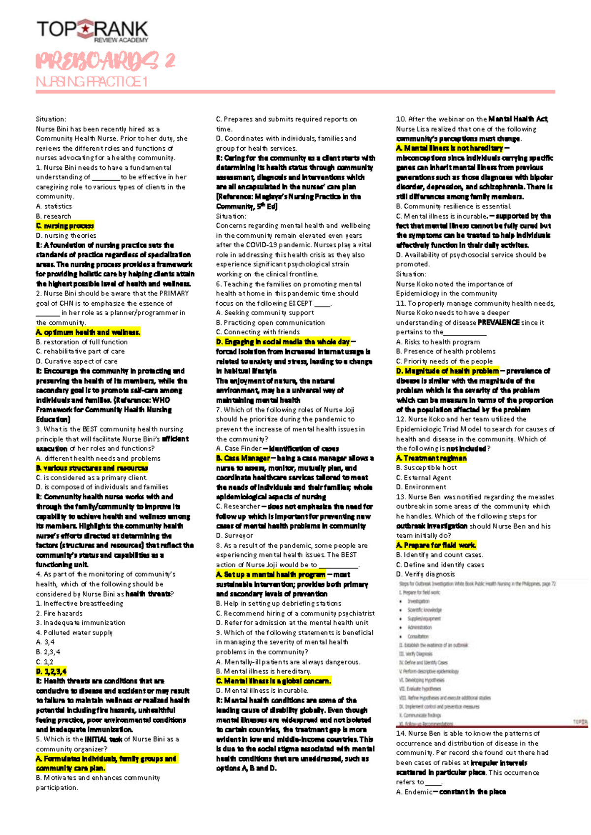 Preboard 2 NP1 Ratio - TOPRANK REVIEWER - NURSING PRACTICE 1 Situation: Nurse Bini has been ...