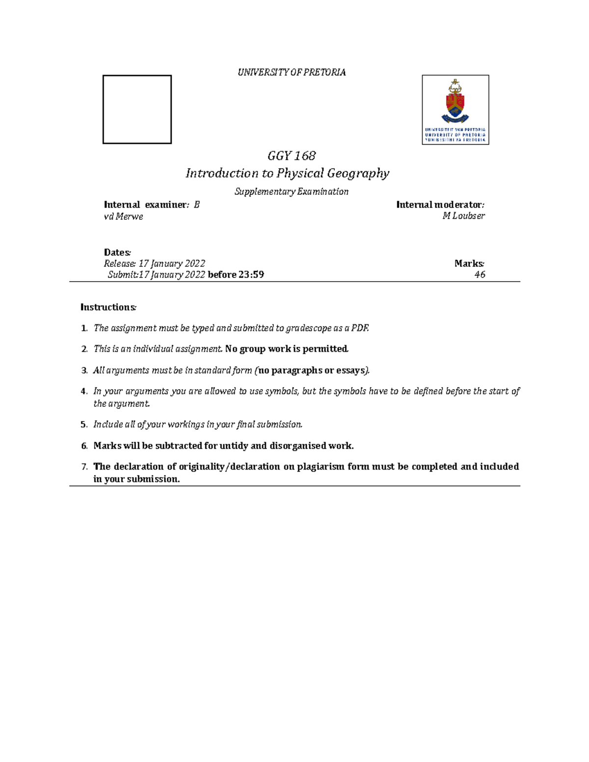 Ggy 168 Supplementary Exam UNIVERSITY OF PRETORIA GGY 168 ggy-168-supplementary-exam-university-of-pretoria-ggy-168