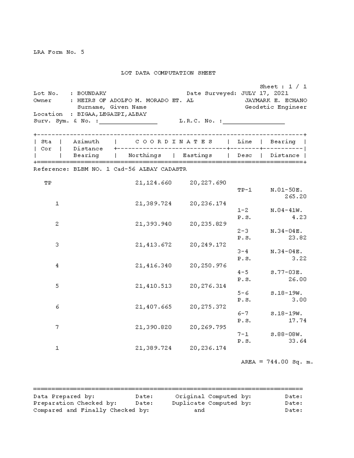 LDC LOT 19751 Bigaa - LOT DATA COMPUTATION SHEET Sheet : 1 / 1 Lot No ...
