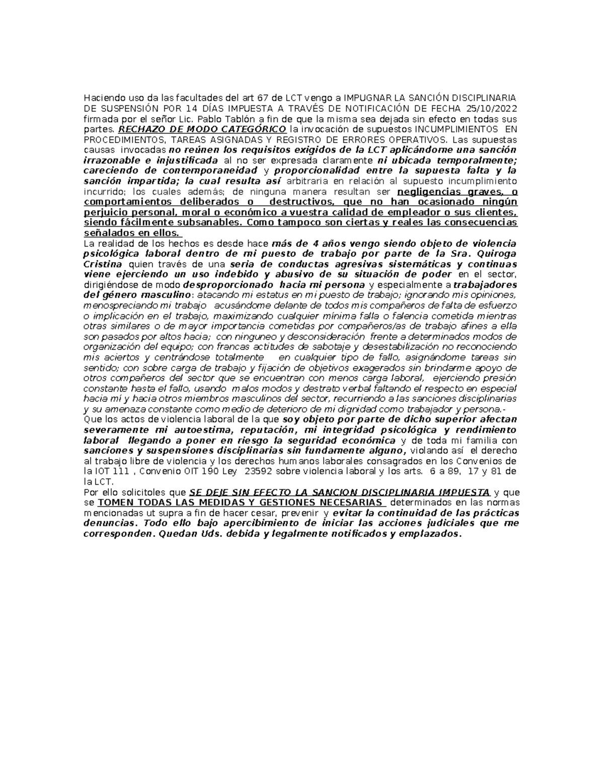 Texto PARA Impugnar Sancion Disciplinario - Haciendo uso da las ...