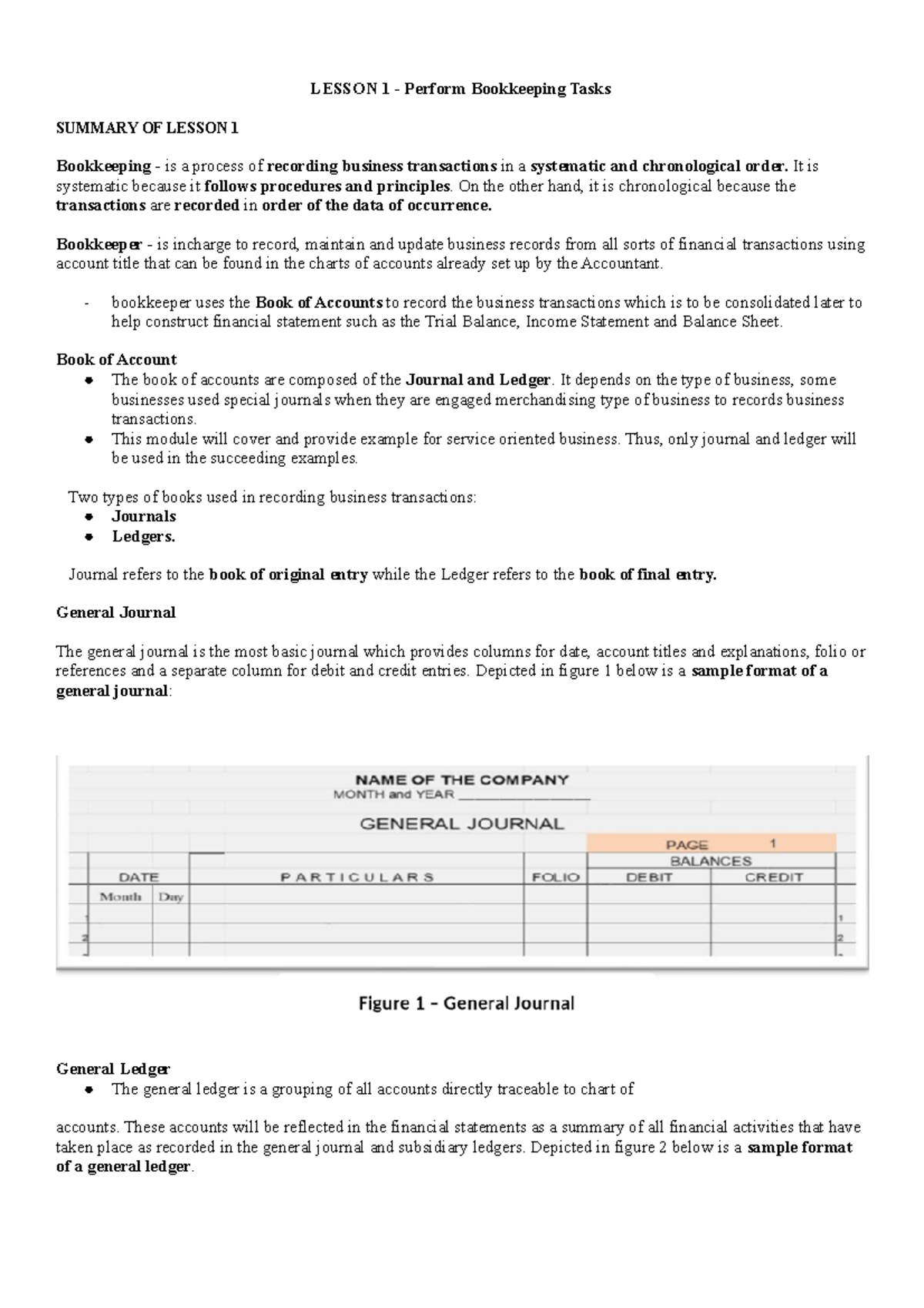 Entrep 5 - study - LESSON 1 - Perform Bookkeeping Tasks SUMMARY OF ...
