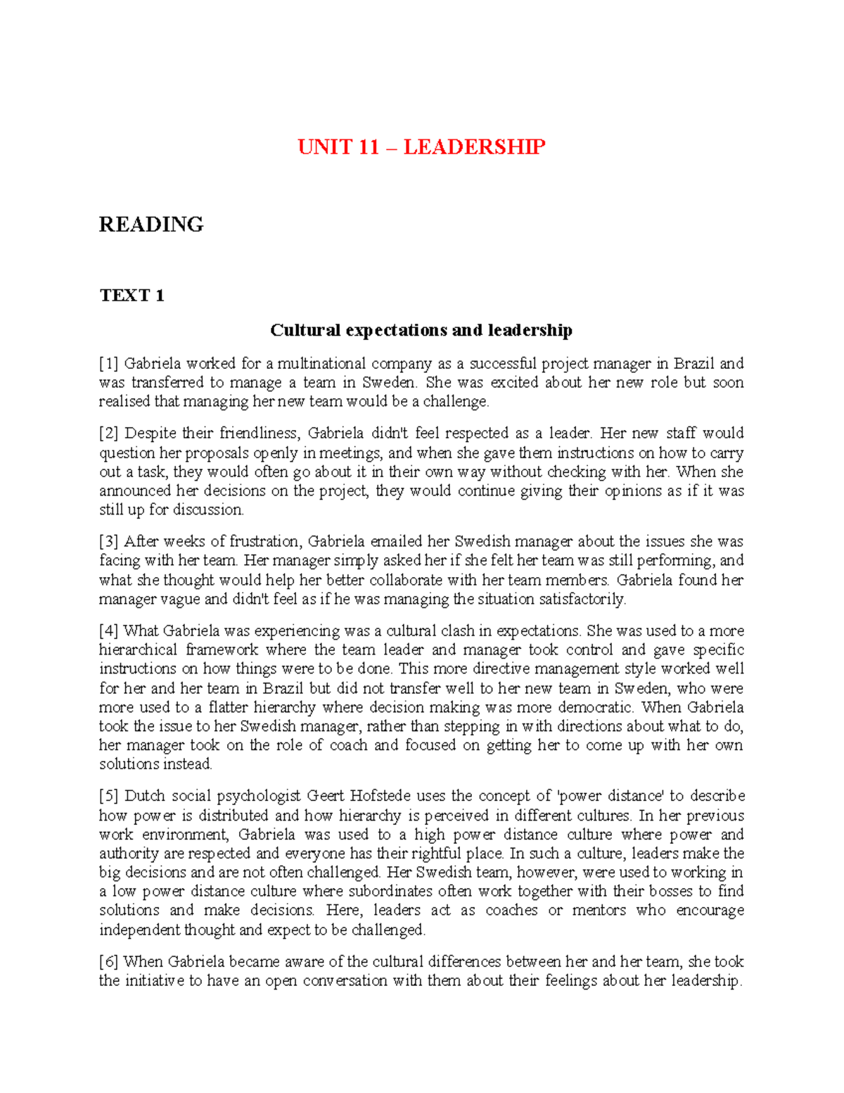 Unit 11-Reading - UNIT 11 – LEADERSHIP READING TEXT 1 Cultural expectations and leadership [1 ...