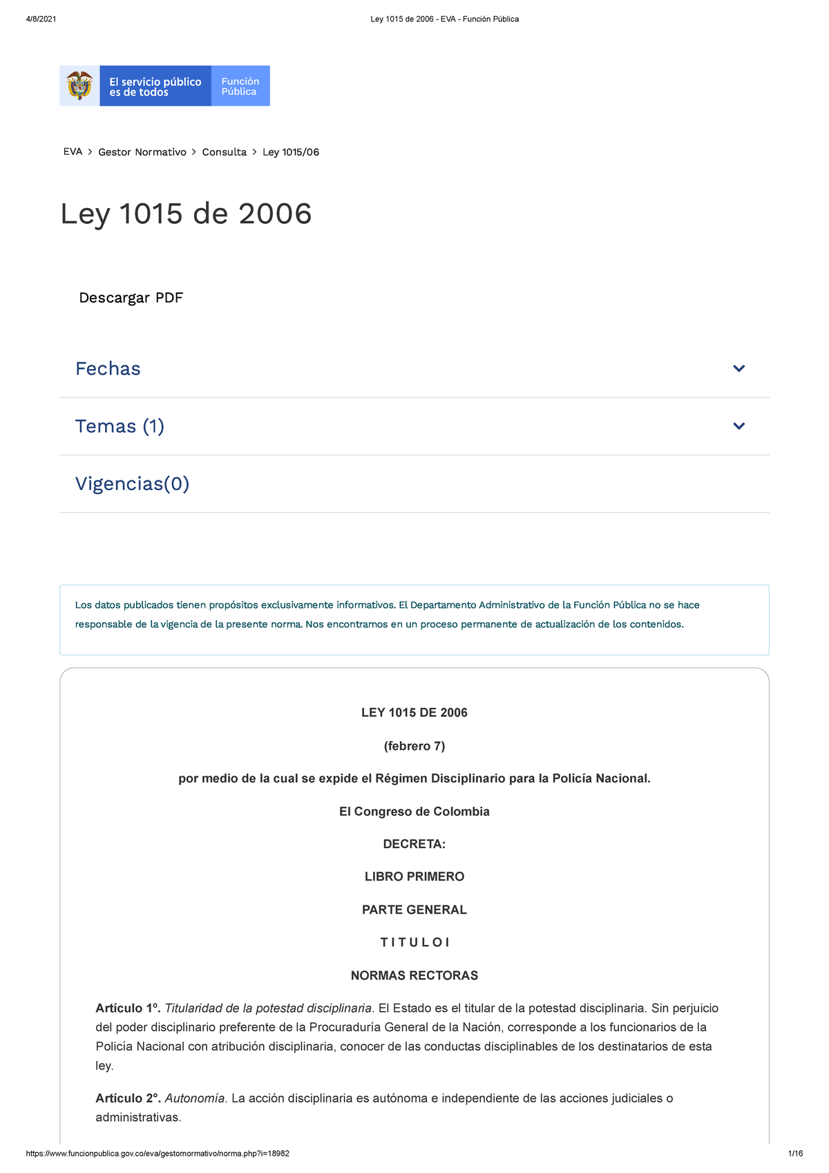 Ley 1015 de 2006 - EVA - Función Pública - EVA Gestor Normativo Consulta Ley 1015/ Ley 1015 de ...