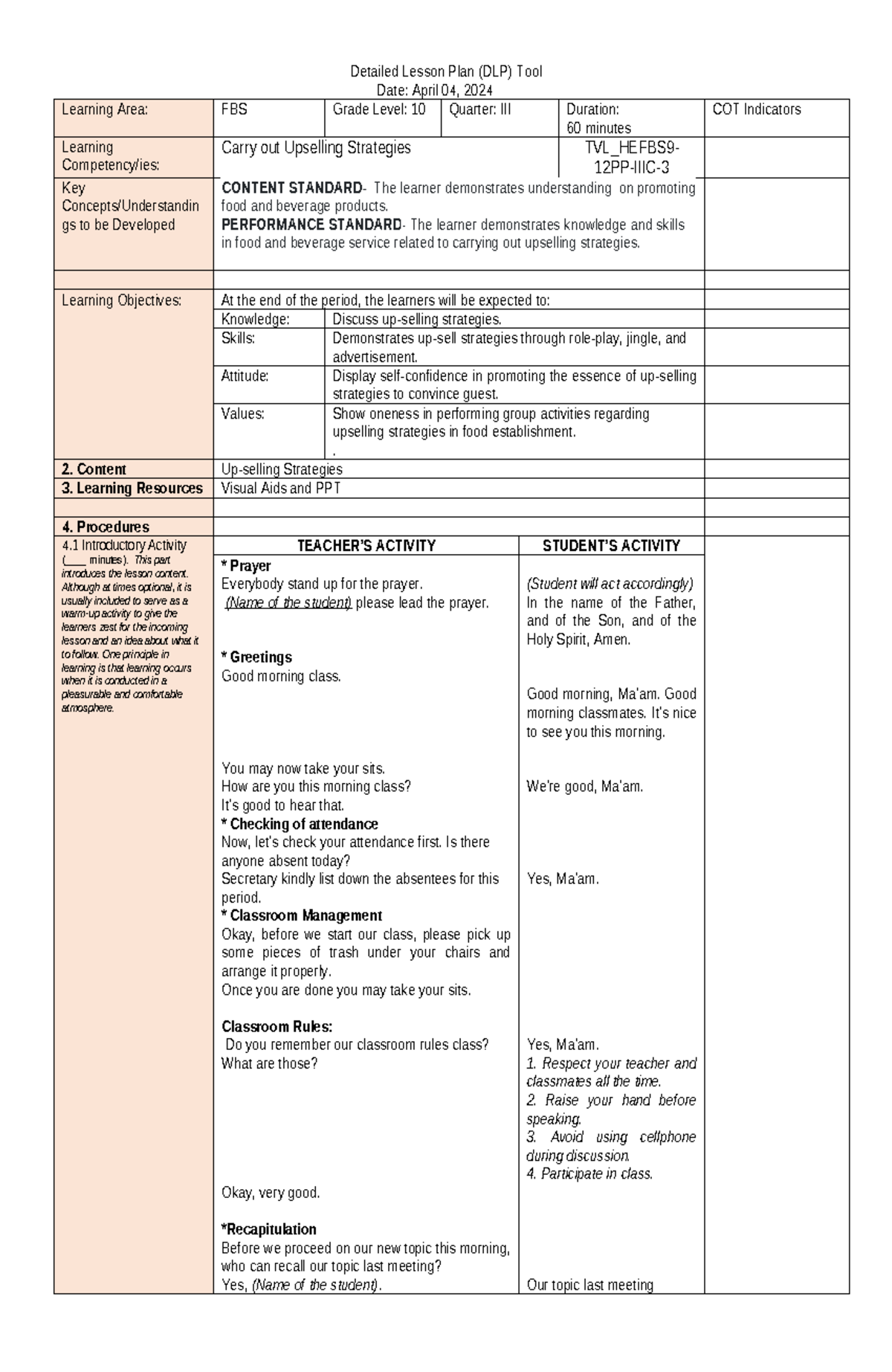 Final Demonstration - Detailed Lesson Plan (DLP) Tool Date: April 04 ...