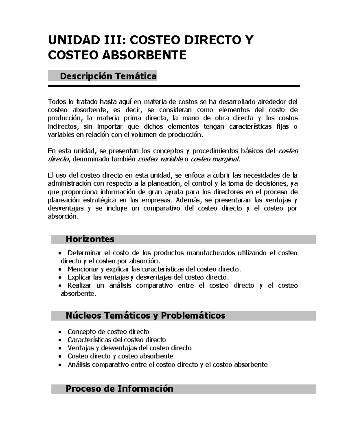 Unidad III Costeo Directo Y Costeo Absor - UNIDAD III: COSTEO DIRECTO Y COSTEO ABSORBENTE - Studocu