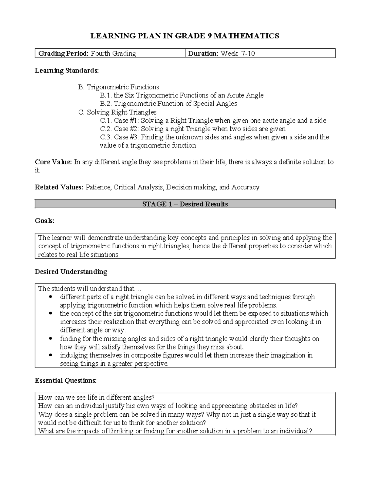 4TH LP 3 - Learning Plan - LEARNING PLAN IN GRADE 9 MATHEMATICS Grading ...