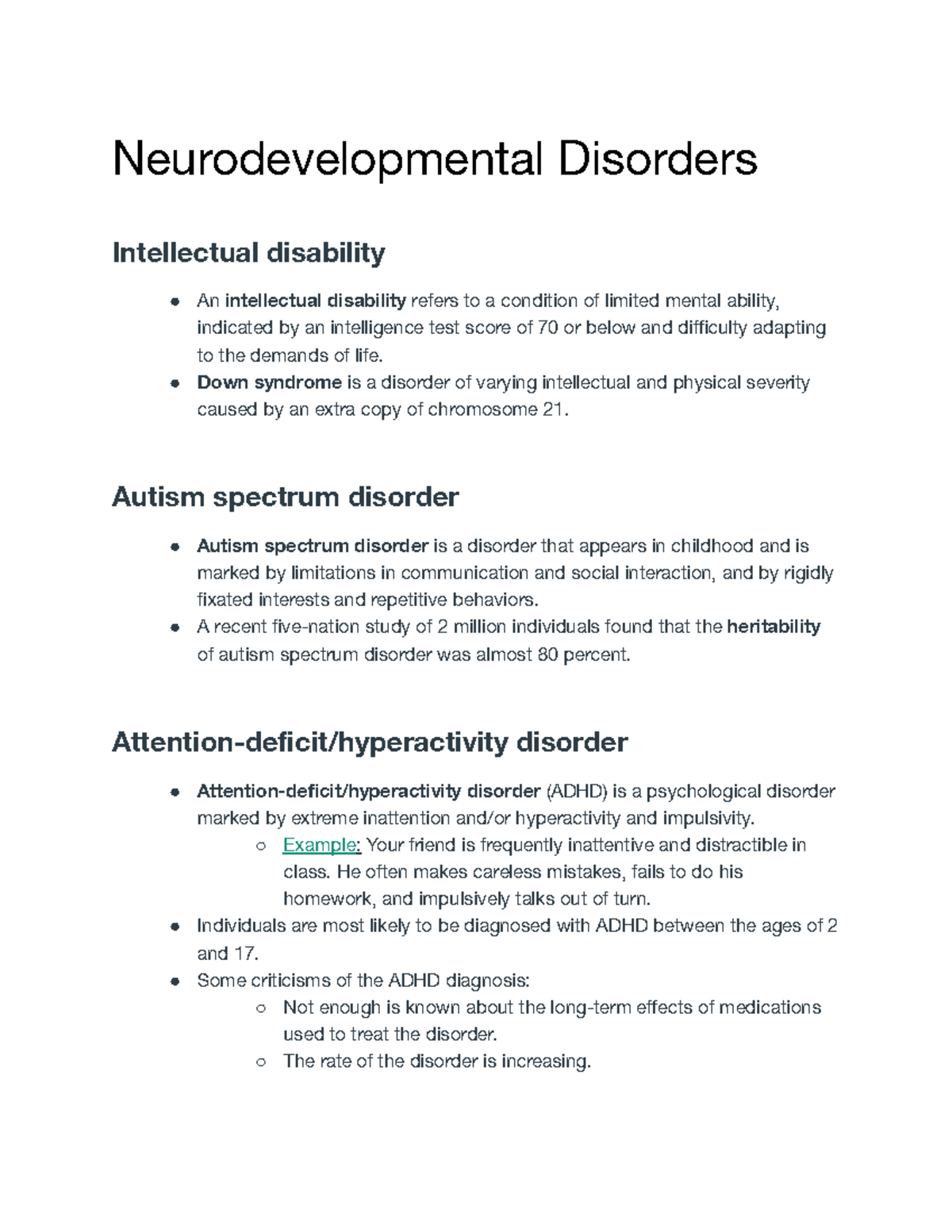 Neurodevelopmental Disorders - Neurodevelopmental Disorders Intellectual disability An - Studocu