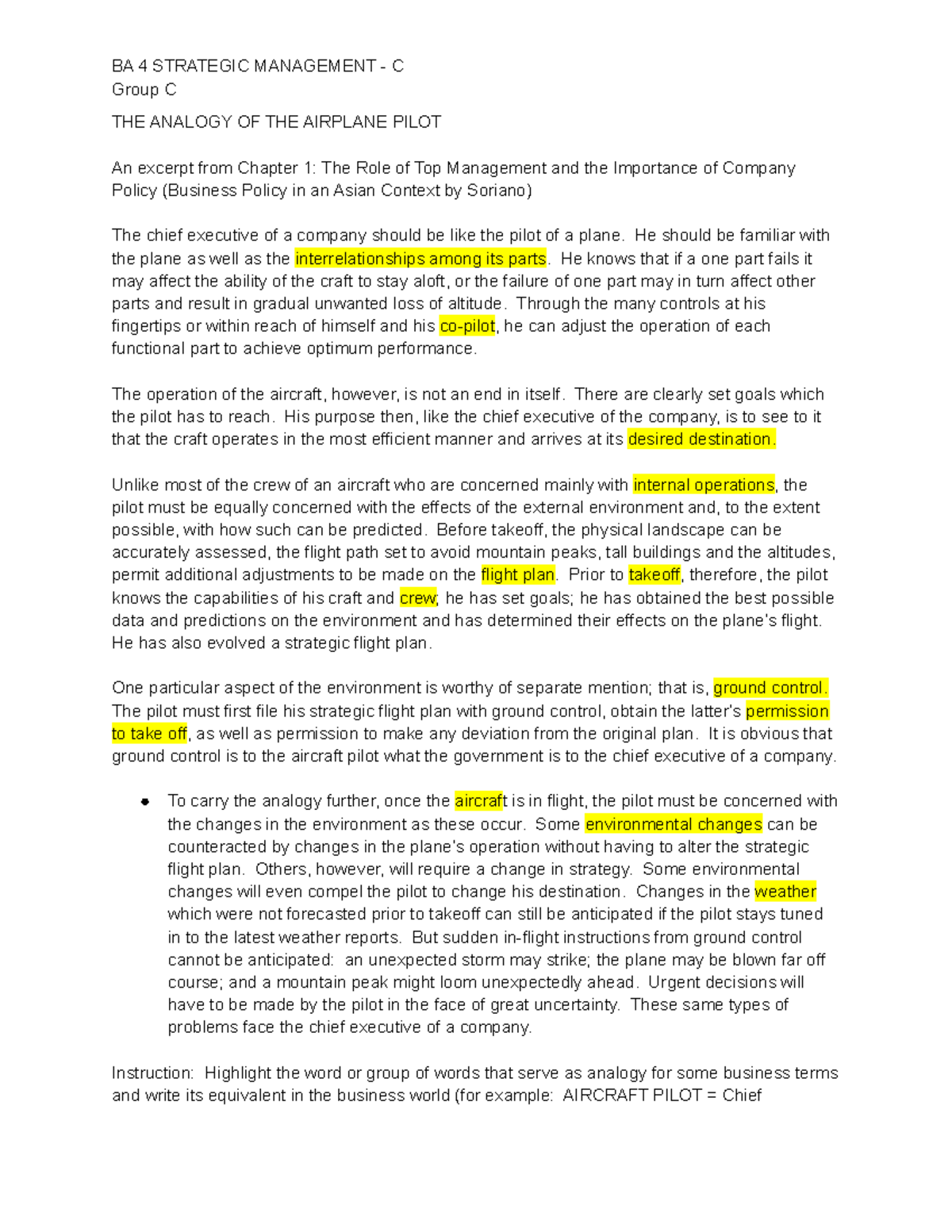 Group C THE Analogy OF THE Airplane Pilot - BA 4 STRATEGIC MANAGEMENT ...