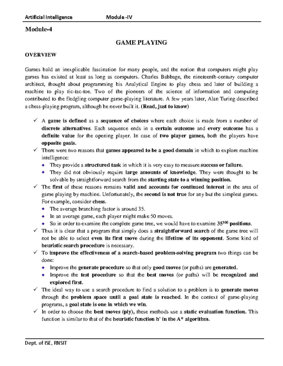 18CS753 AI Module 4 - Module- OVERVIEW GAME PLAYING Games hold an ...