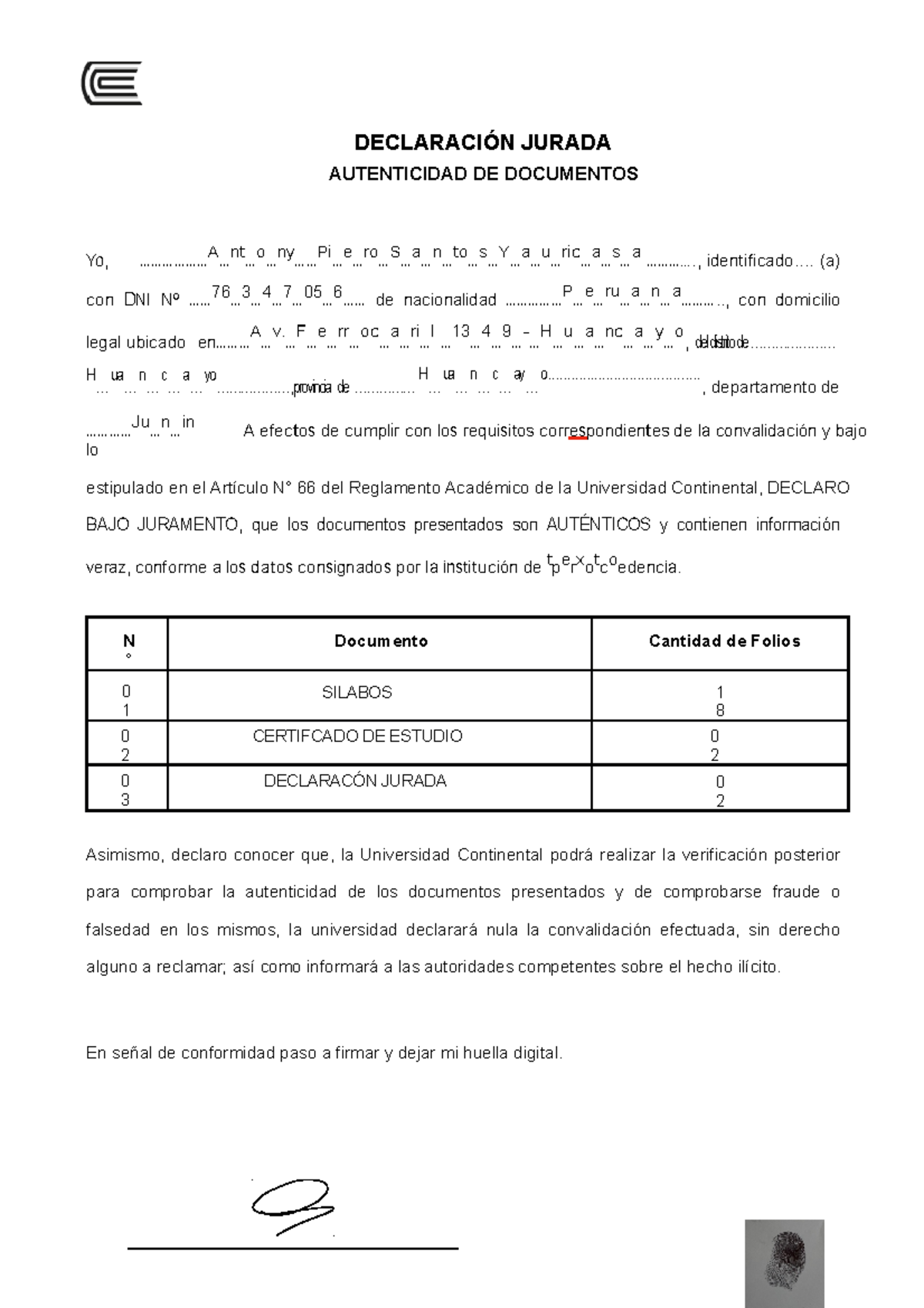 Declaracion Jurada Autenticidad Terminadaokey -convertido - DECLARACIÓN JURADA AUTENTICIDAD DE ...