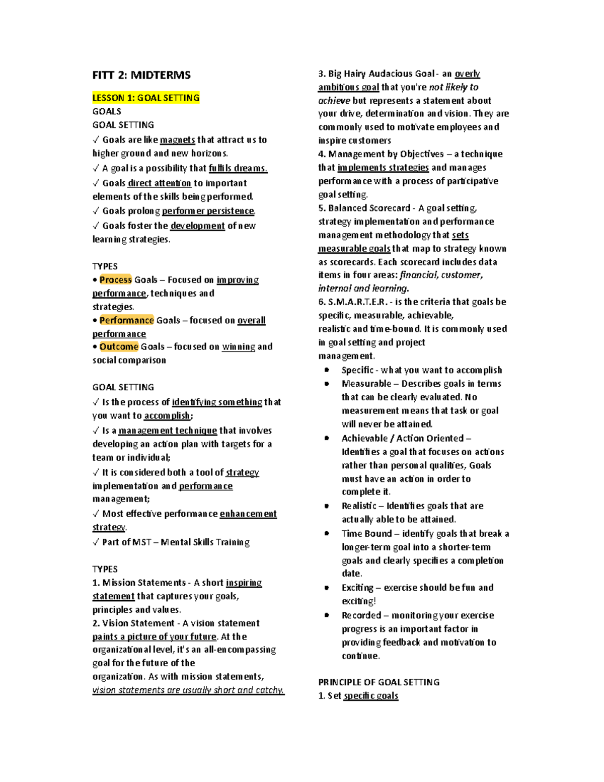 FITT-2- Reviewer - FITT 2: MIDTERMS LESSON 1: GOAL SETTING GOALS GOAL ...