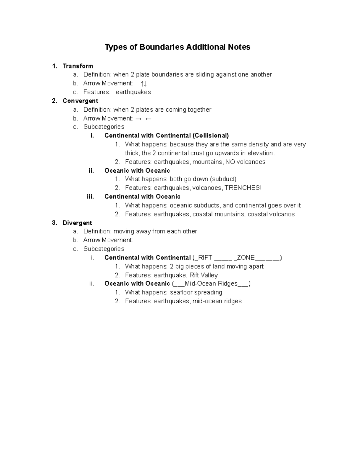 Types of Boundaries Notes (filled in) - Types of Boundaries Additional ...