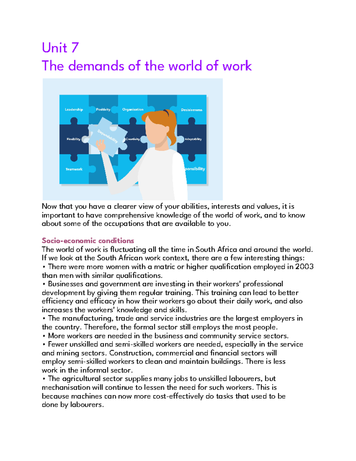 Unit 7 The demands of the world of work - Socio-economic conditions The ...