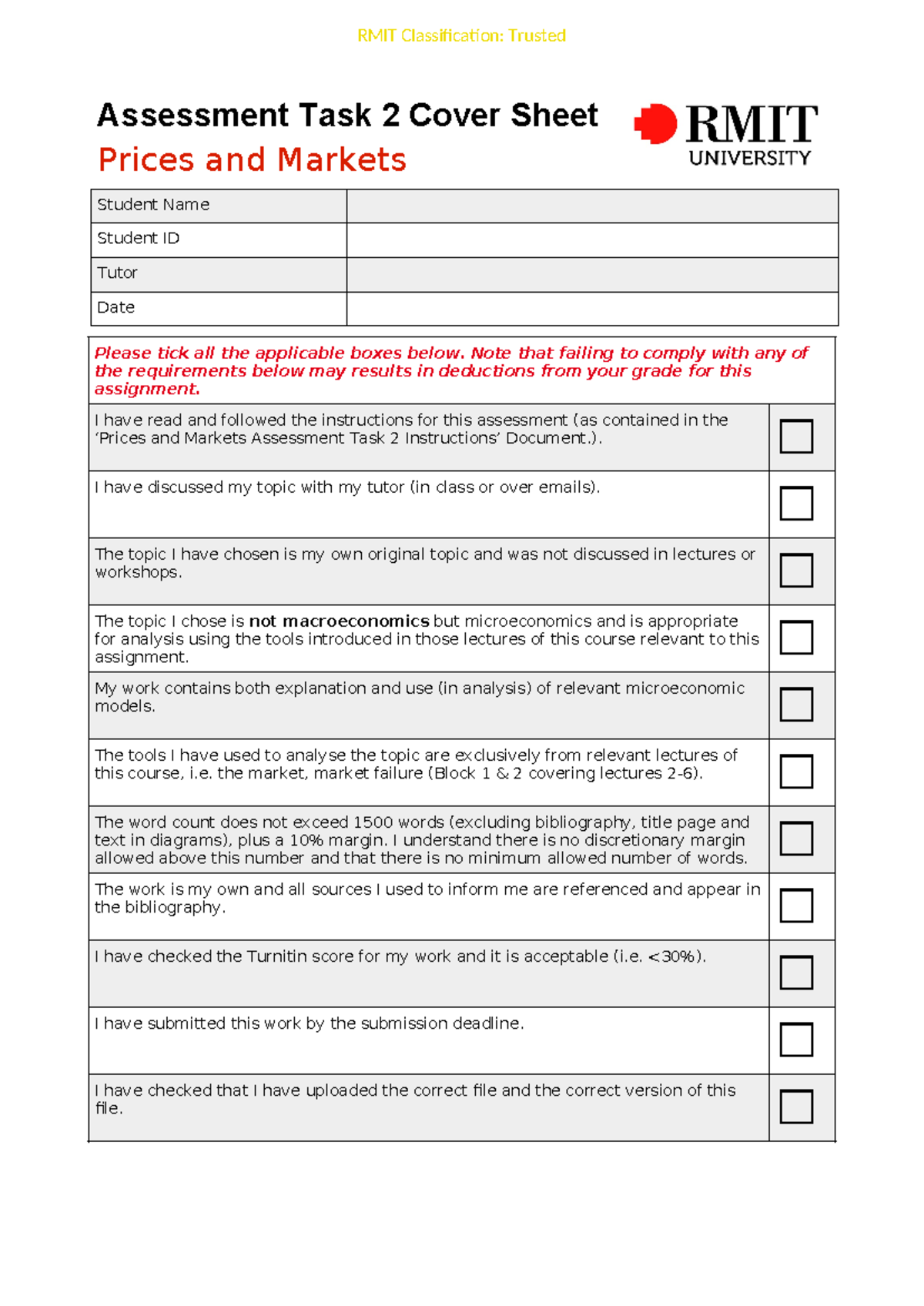 Prices and Markets Assessment Task 2 Template - RMIT Classification: Trusted Assessment Task 2 ...