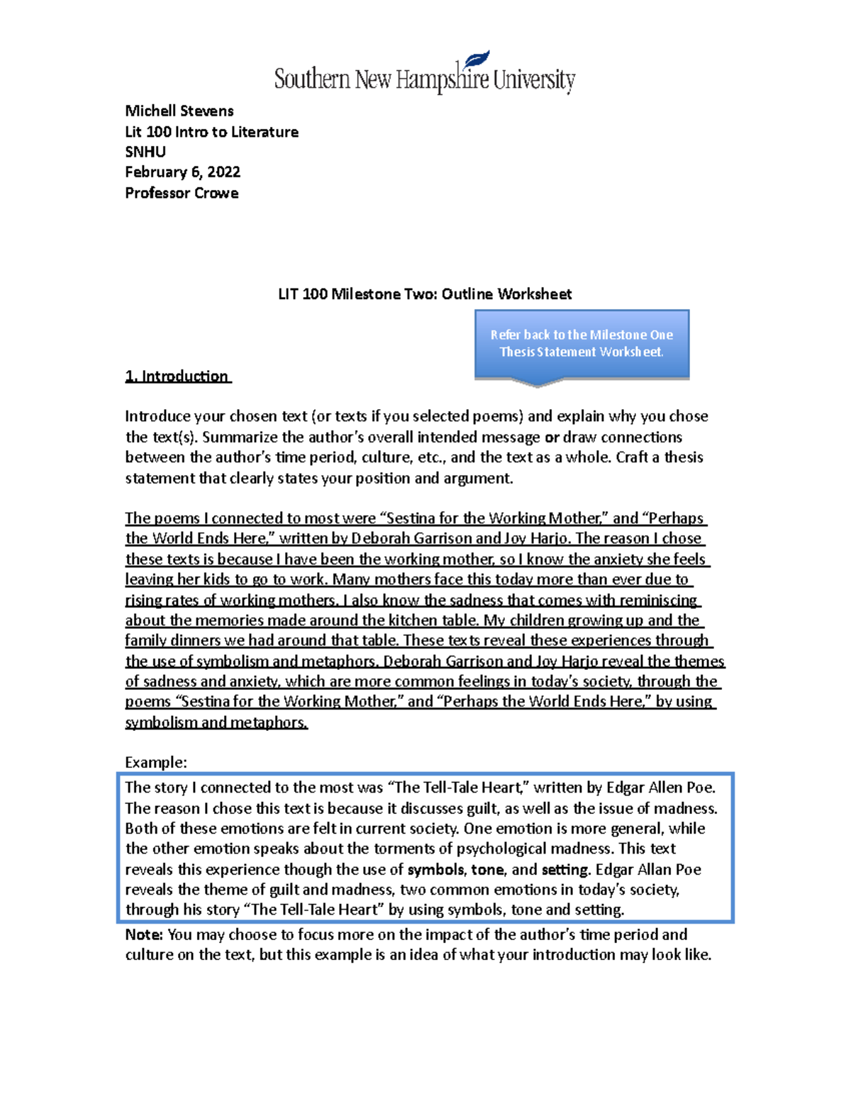 Lit 100 5-2 Milestone Worksheet - Michell Stevens Lit 100 Intro to ...