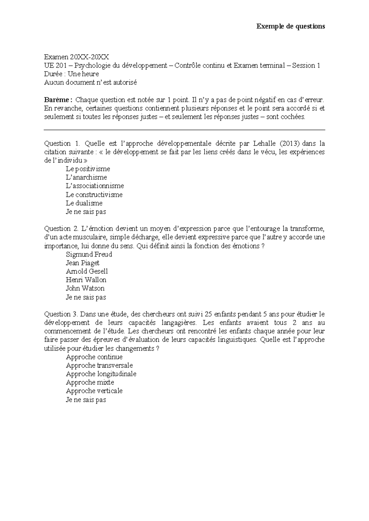 Exemple QCM - Exemple de questions Examen 20XX-20XX UE 201 ...