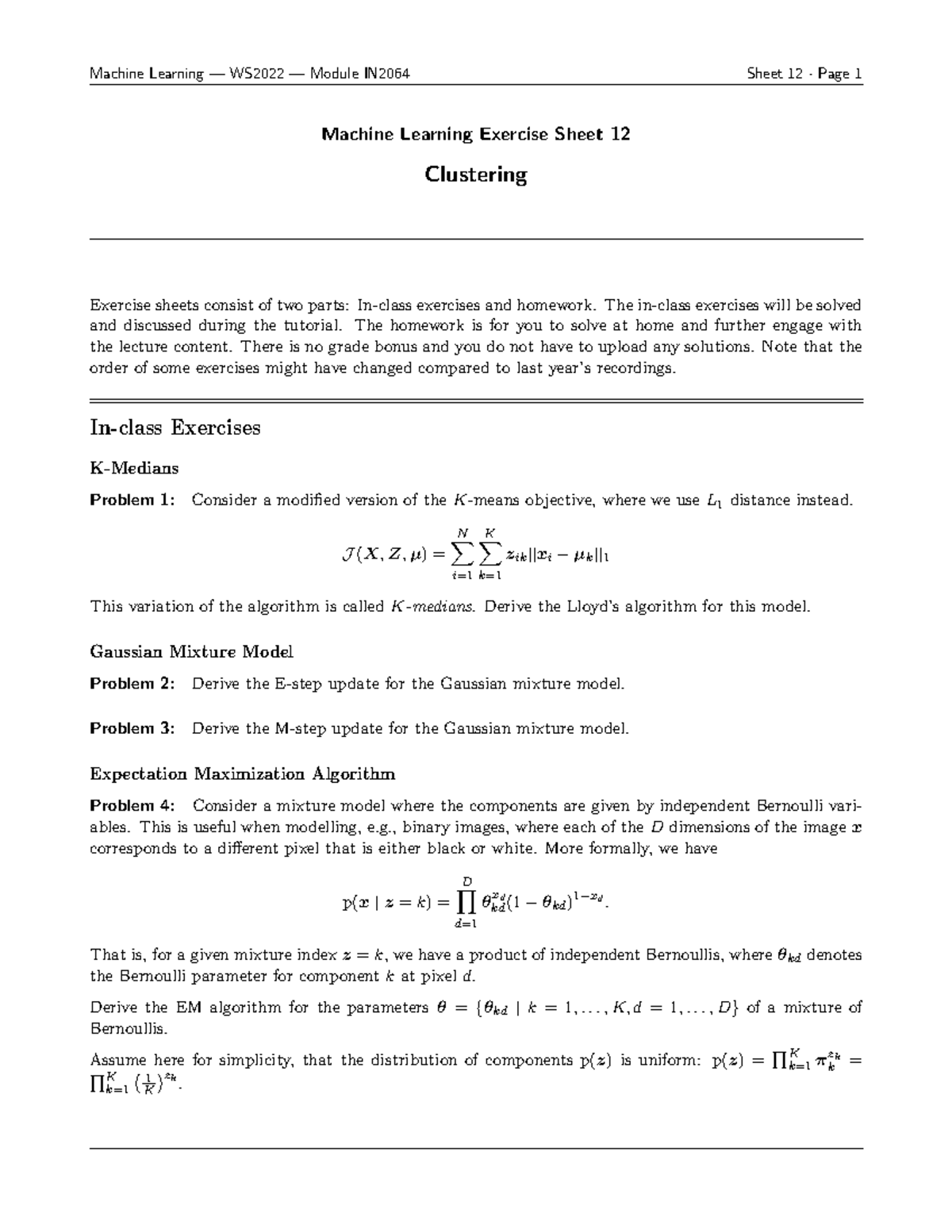 Exercise 12 clustering - Machine Learning — WS2022 — Module IN2064 Sheet 12 · Page 1 Machine ...
