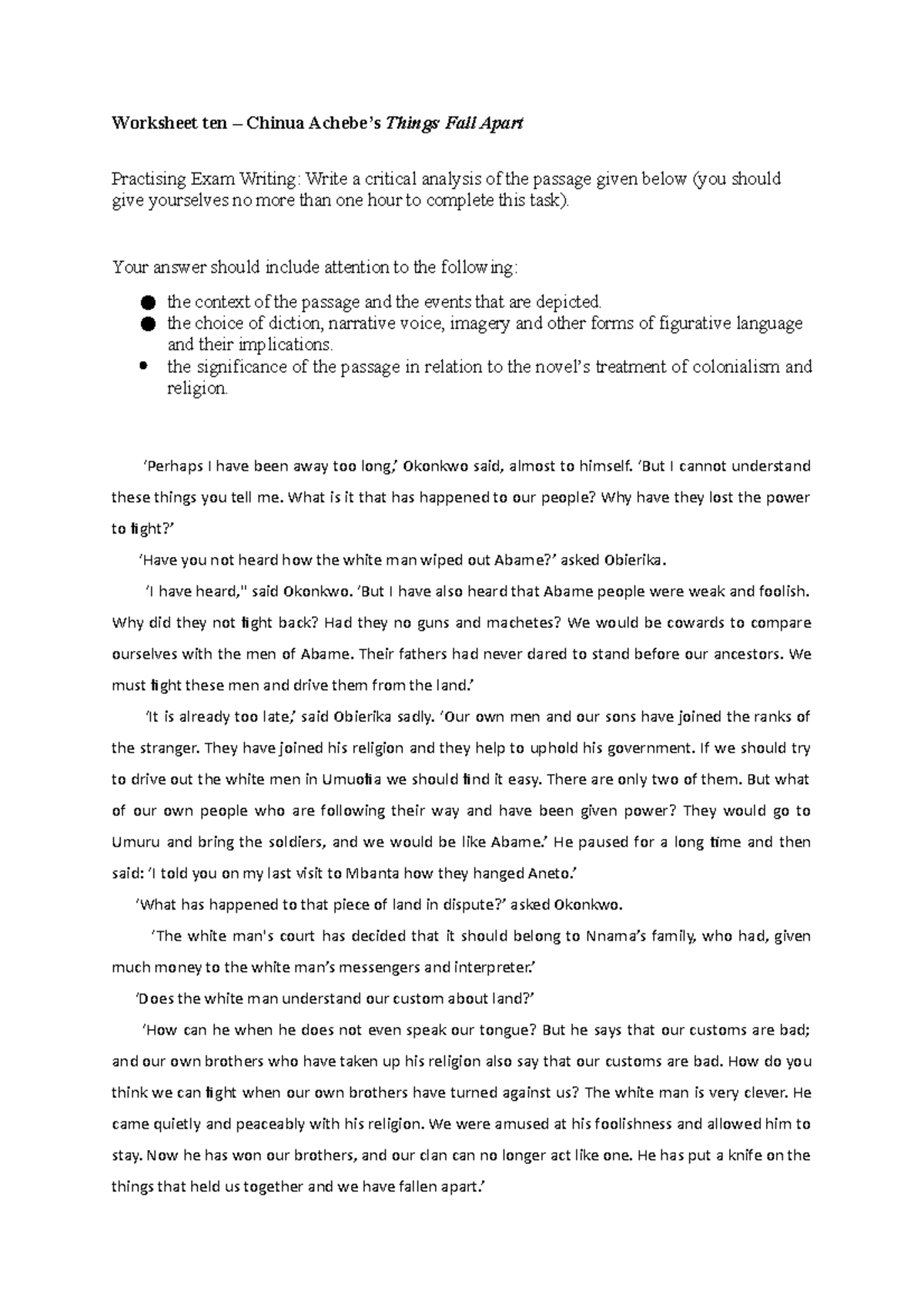 Worksheet TEN Things Fall Apart - Worksheet ten – Chinua Achebe’s ...