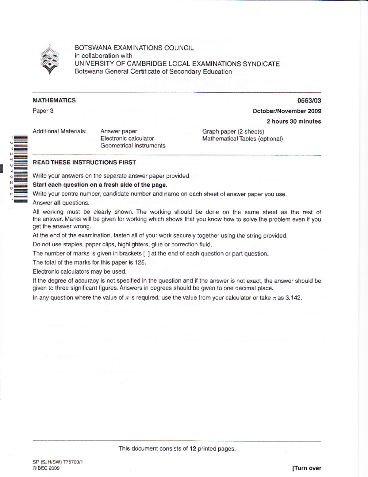 BGSE Maths PP3 2009 - Revision paper - BOTSWANA EXAM INATIONS COUNCI L ...