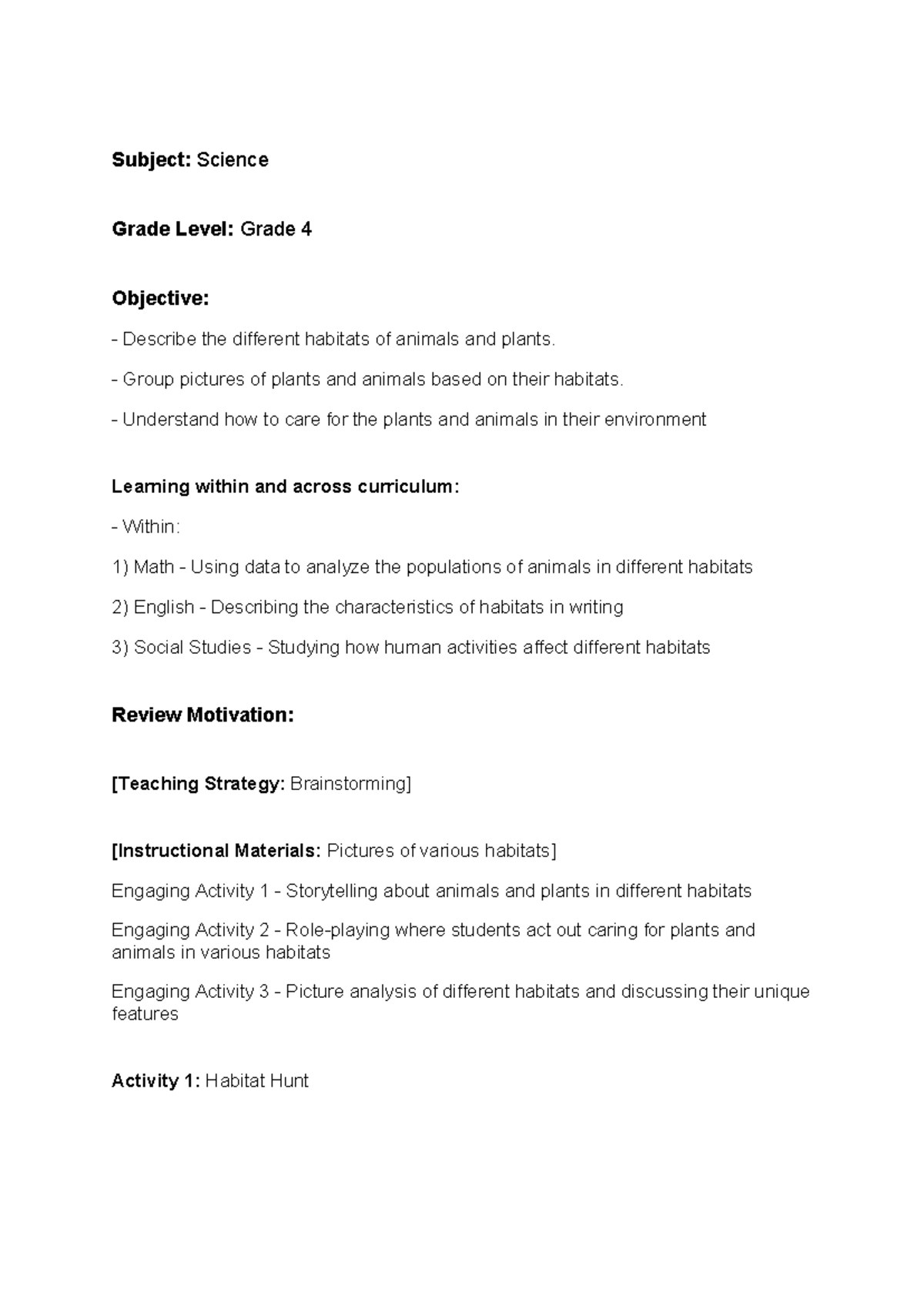Lesson plan - Teaching Science in Primary Levels ( Biology and ...