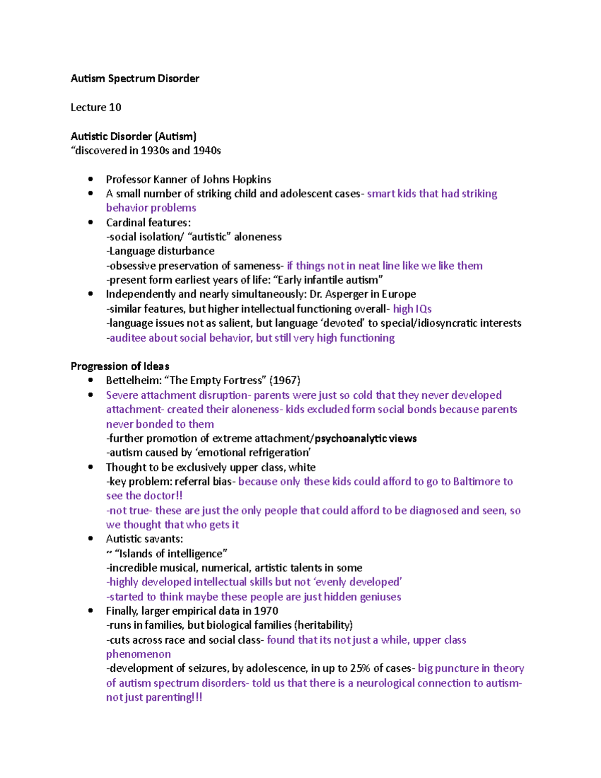Lecture 10- notes - Autism Spectrum Disorder Lecture 10 Autistic ...