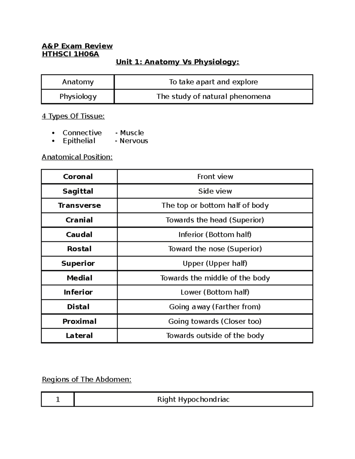 Anatomy Exam Review - EXAM - A&P Exam Review HTHSCI 1H06A Unit 1 ...