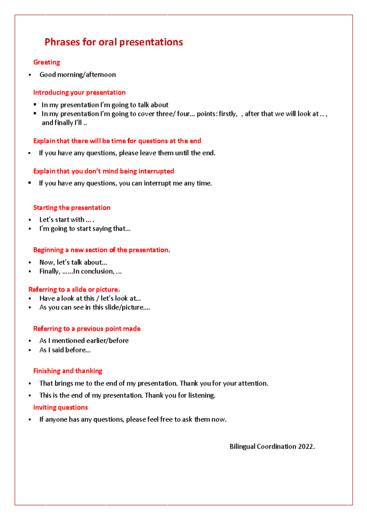Phrases for presentations - Phrases for oral presentations Greeting ...