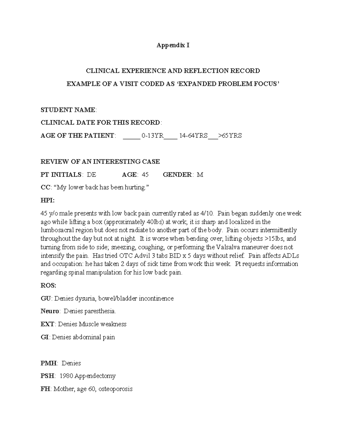 Expanded Focus SOAP note - Appendix I CLINICAL EXPERIENCE AND ...