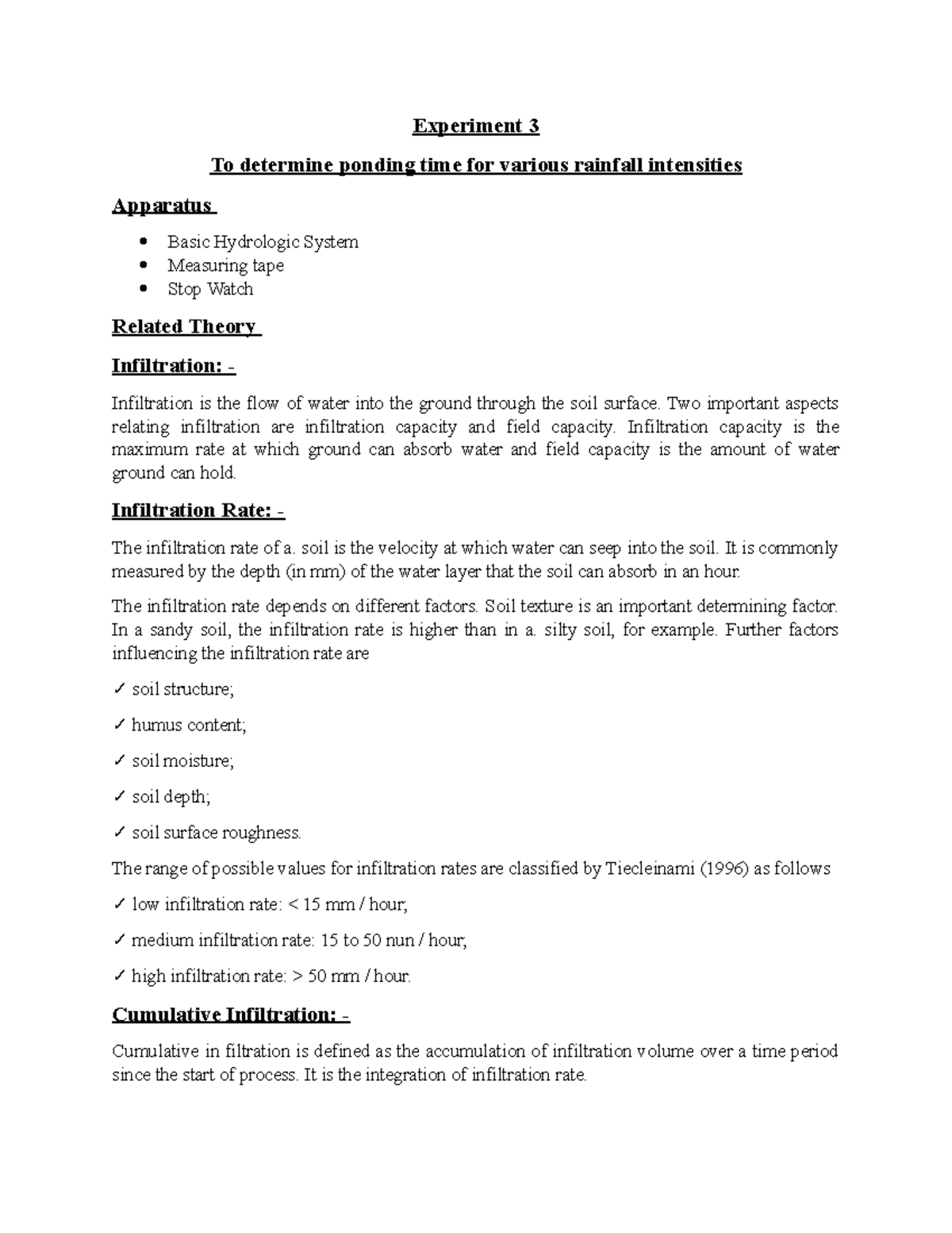 Lab 10 lecture and lab - Experiment 3 To determine ponding time for ...