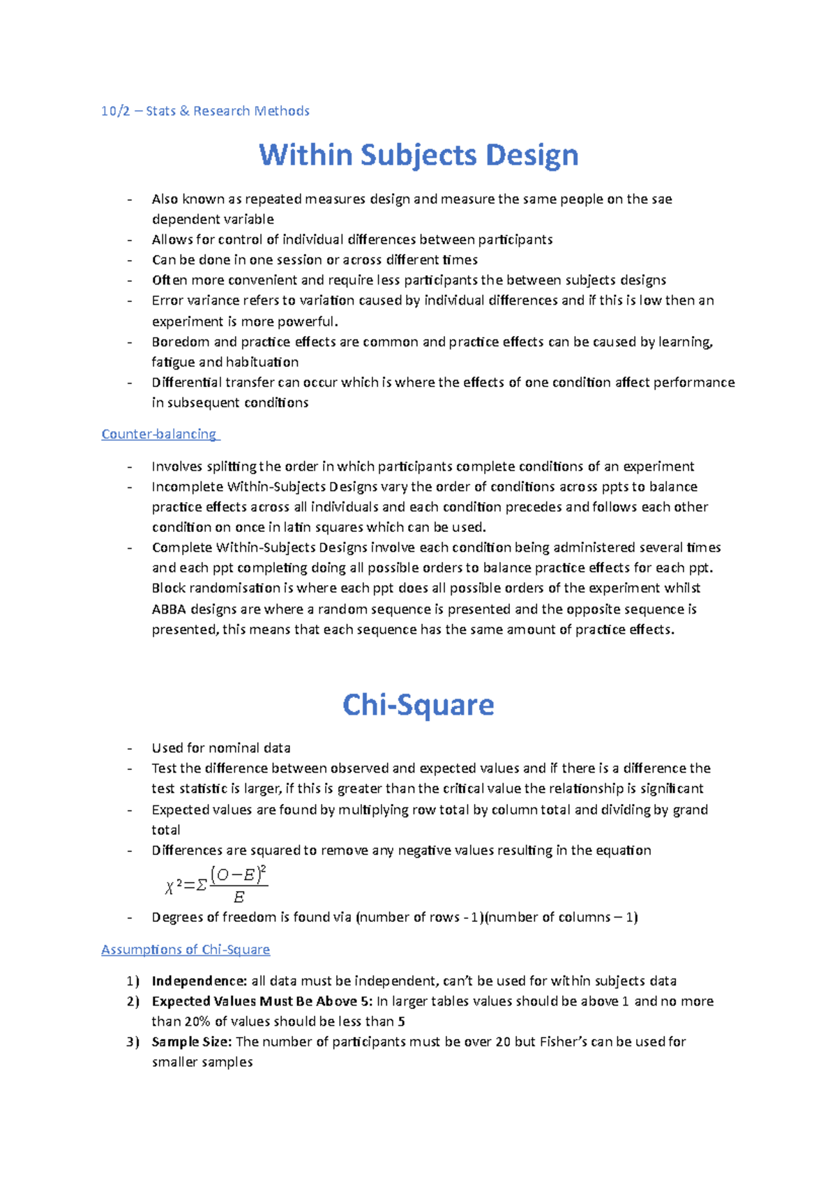 2 - These are revision notes for the lecture on within-subjects designs ...