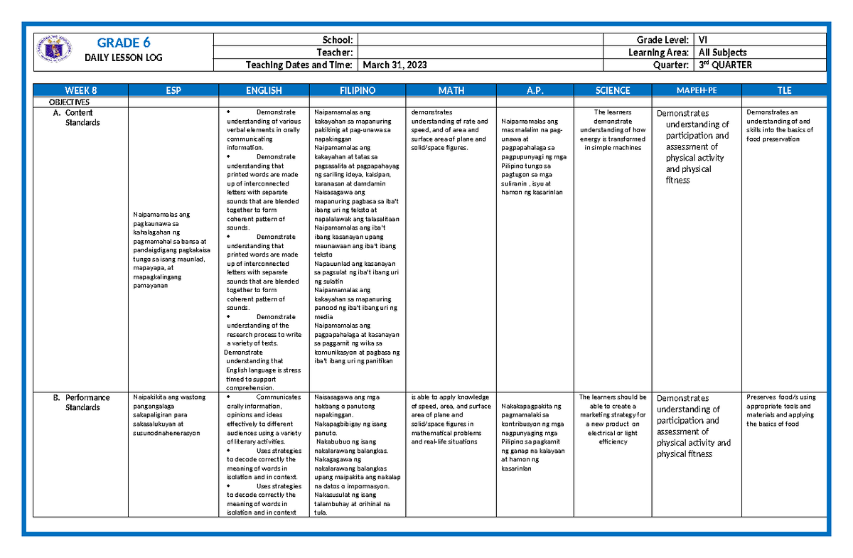 DLL G6-Q3-W7-D5 - GRADE 6 DAILY LESSON LOG School: Grade Level: VI ...