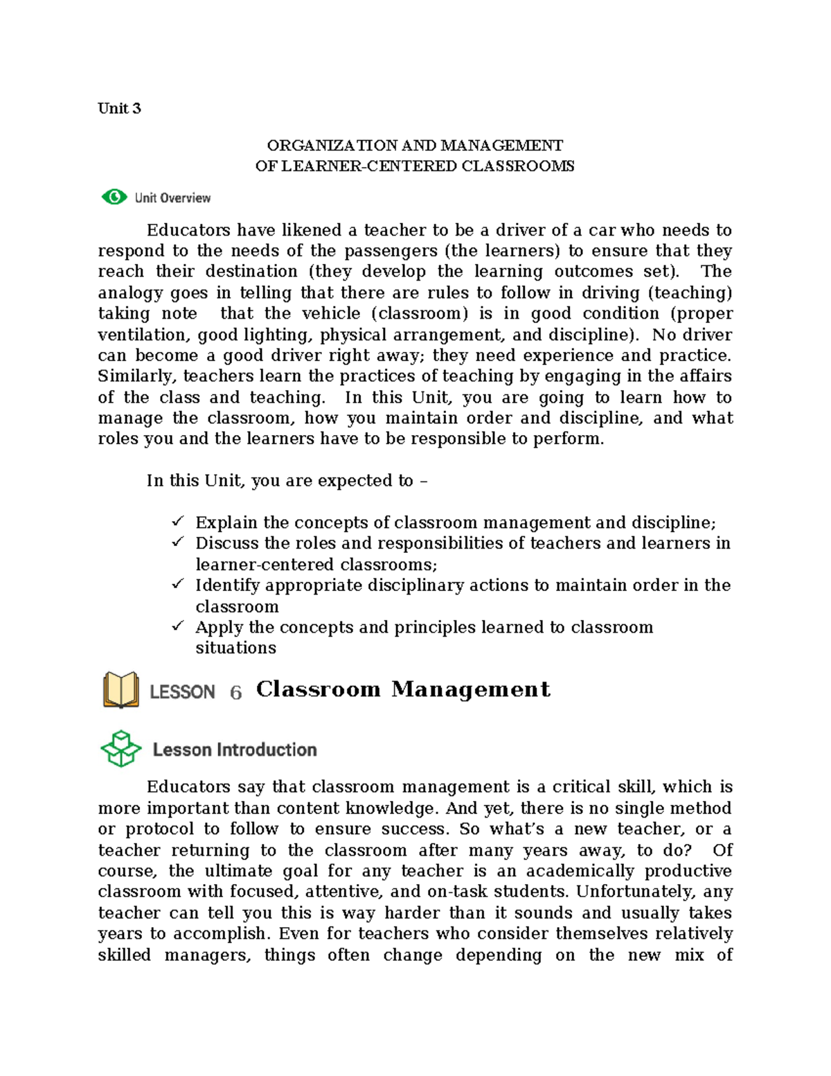 EDUC 31 Unit 3 Lesson 6 Classroom Management and Organization - Unit 3 ...