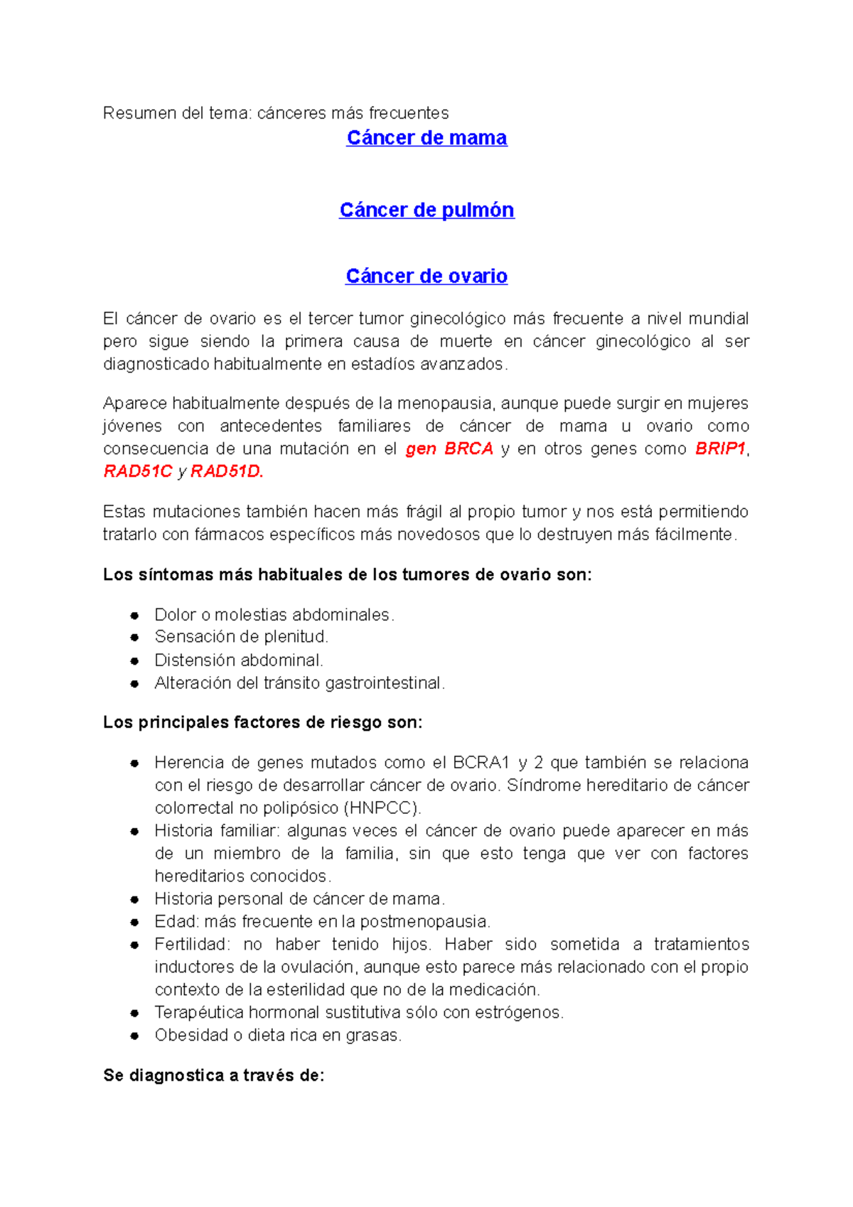 Resumen del tema cánceres más frecuentes - Resumen del tema: cánceres ...