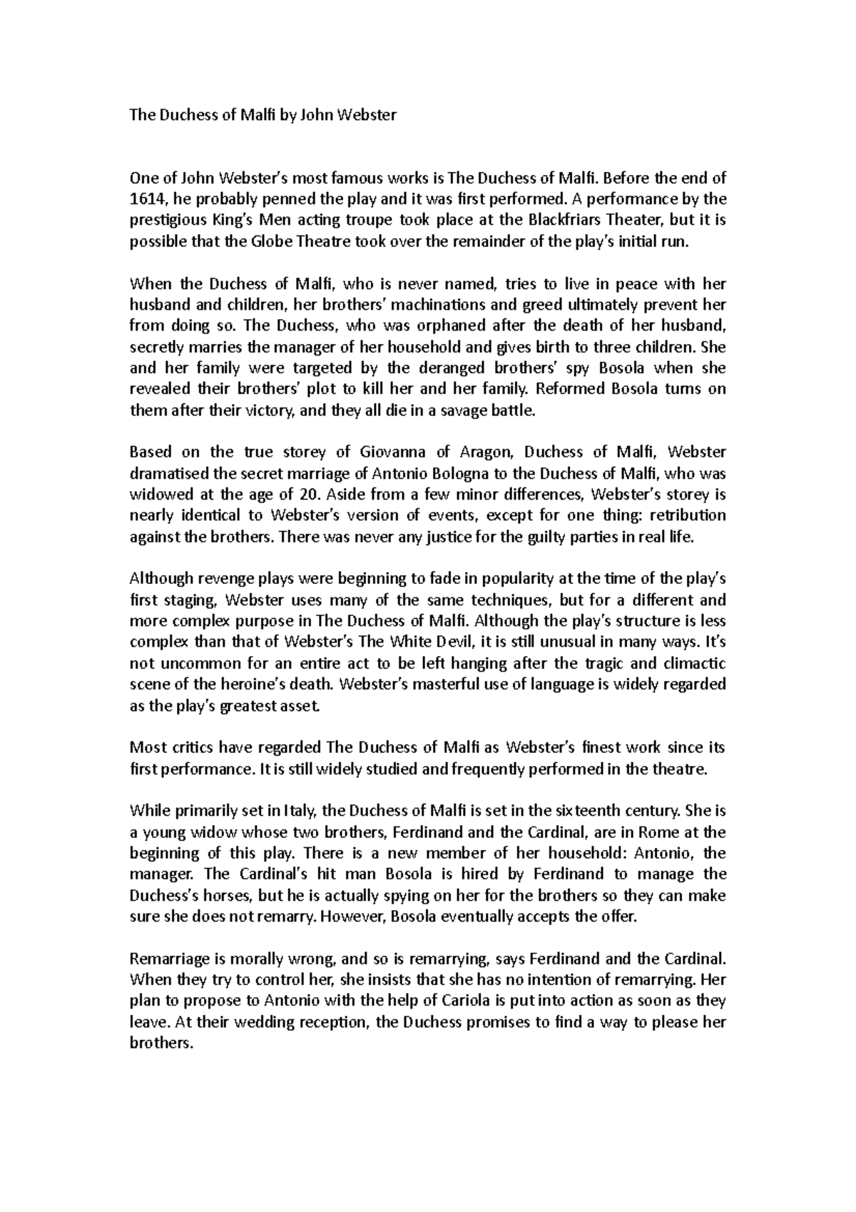 The Duchess of Malfi by John Webster - Before the end of 1614, he ...