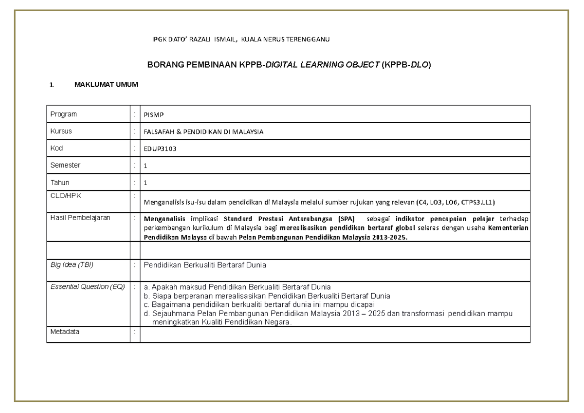Borang Pembinaan KPPB- Digital Learning Object (KPPB-DLO) EDUP3103 2 ...