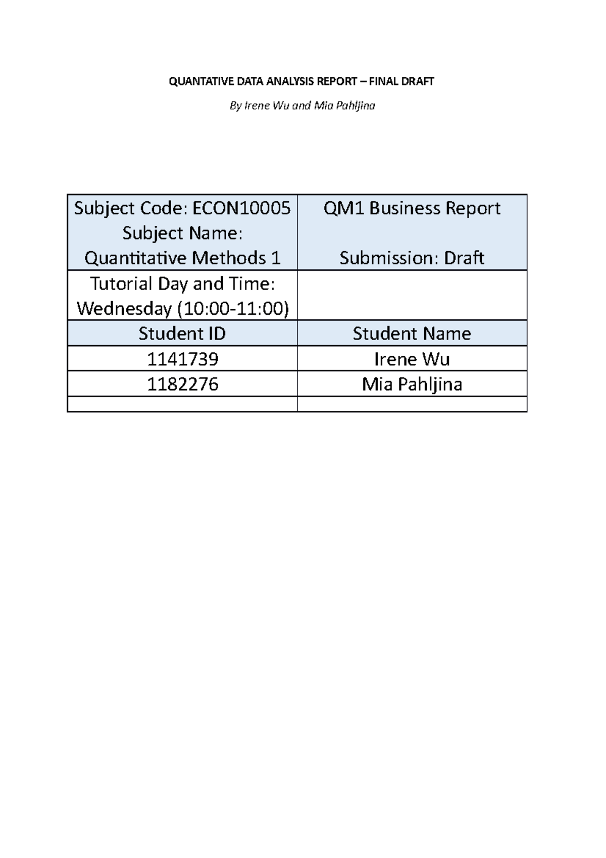 QM Report FinalQM Report Draft 1 -Summary - QUANTATIVE DATA ANALYSIS ...