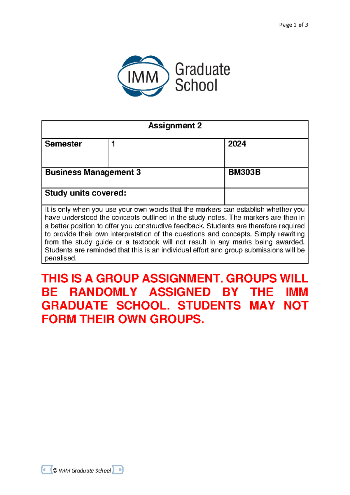 BM303B Assignment 2 QP 2024 S1 Final - Page 1 of 3 © IMM Graduate School Assignment 2 Semester 1 ...