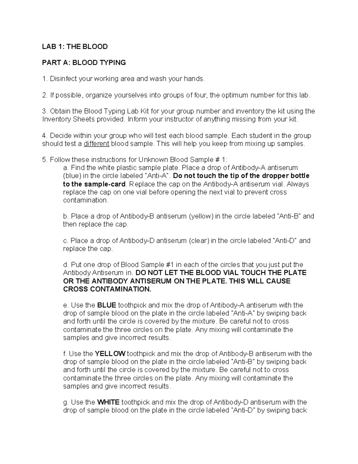 Lab 1 The Blood FA2021 Final - LAB 1: THE BLOOD PART A: BLOOD TYPING Disinfect your working area ...