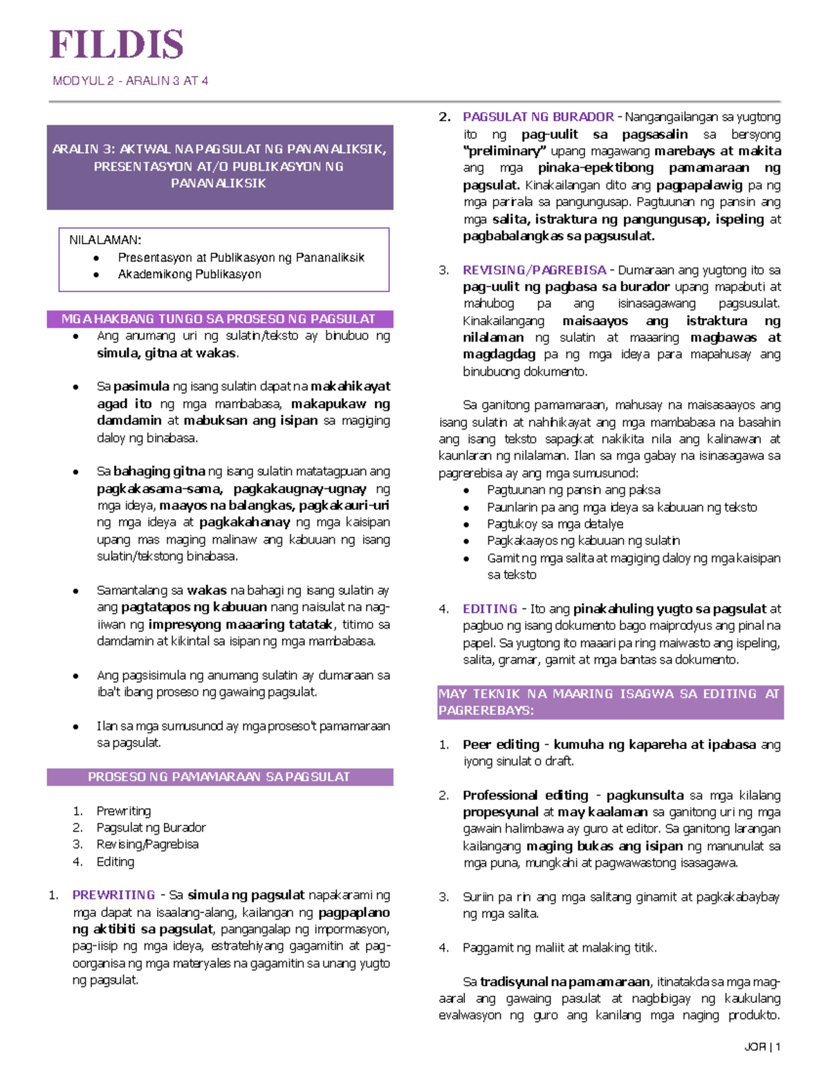 Fildis Aralin 2 - FILDIS MODYUL 2 - ARALIN 3 AT 4 JOR | 1 ARALIN 3: AKTWAL NA PAGSULAT NG - Studocu