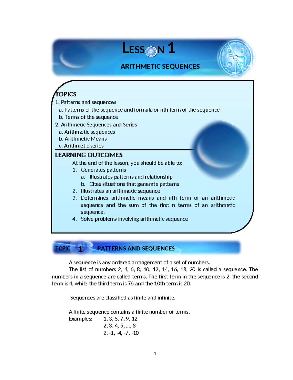 Module 1-Lesson 1- Arithmetic-Math G 10 - Sequence A sequence is any ordered arrangement of a ...