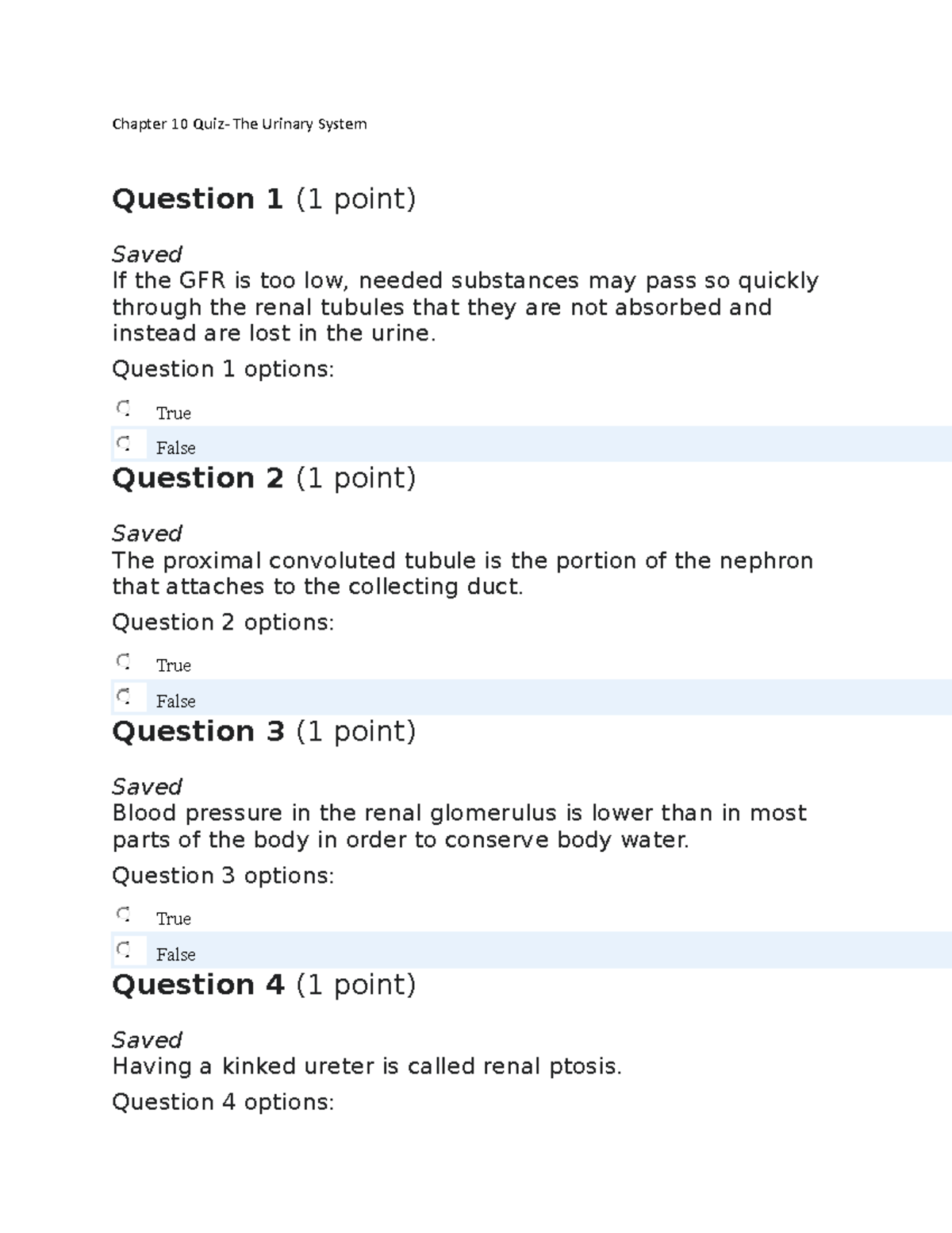 Module 10 Quiz- The Urinary System - Chapter 10 Quiz- The Urinary ...