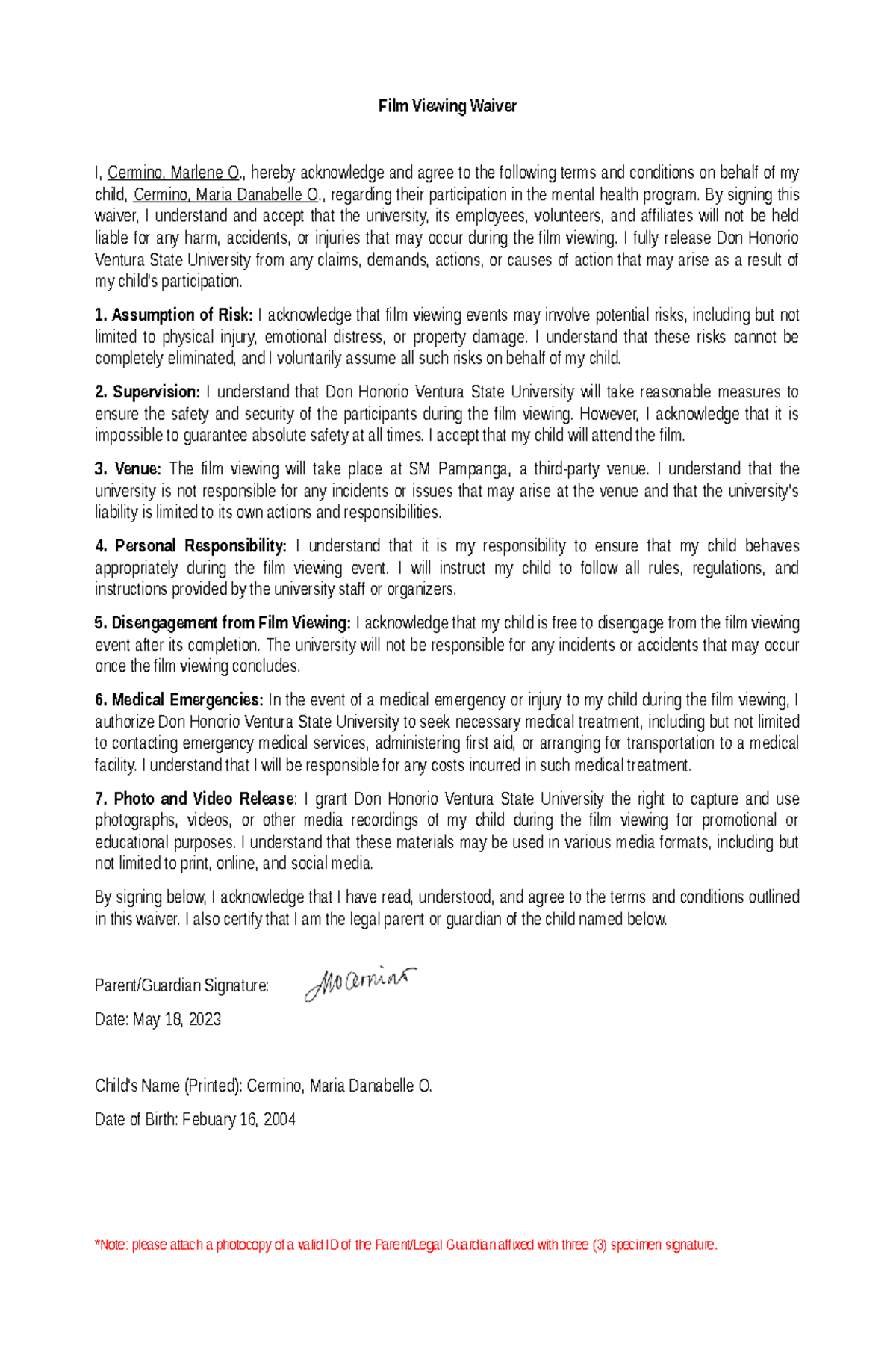 FORM-3-Waiver - erererteet - Film Viewing Waiver I, Cermino, Marlene O ...