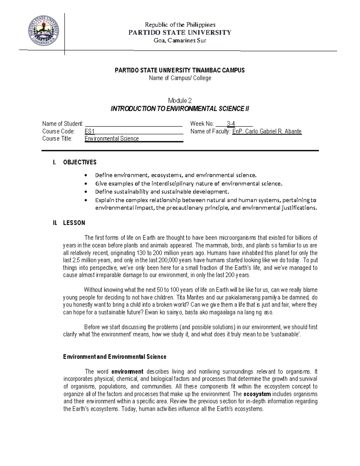ES1 Module 2 - PARTIDO STATE UNIVERSITY Goa, Camarines Sur PARTIDO ...